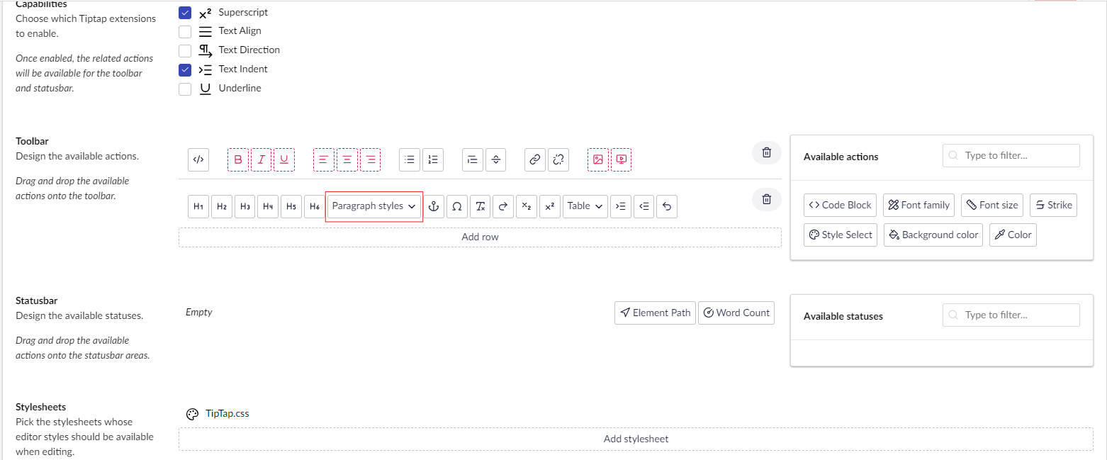 How do we add backoffice styles to Tiptap? Adding the details native ...